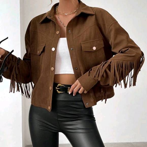 Jackets & Coats | New Flap Pocket Fringe Trim Drop Shoulder Jacket ...